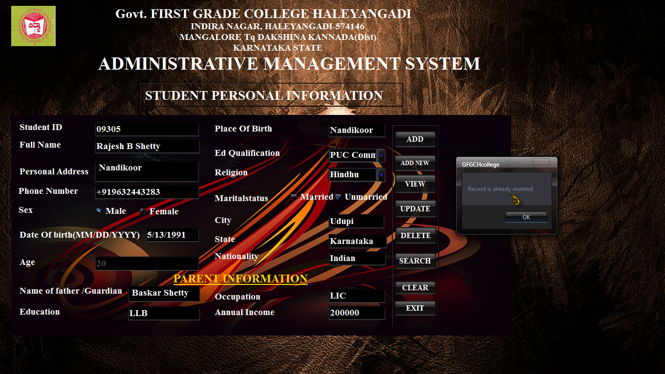 Screenshots of Administrative Management System