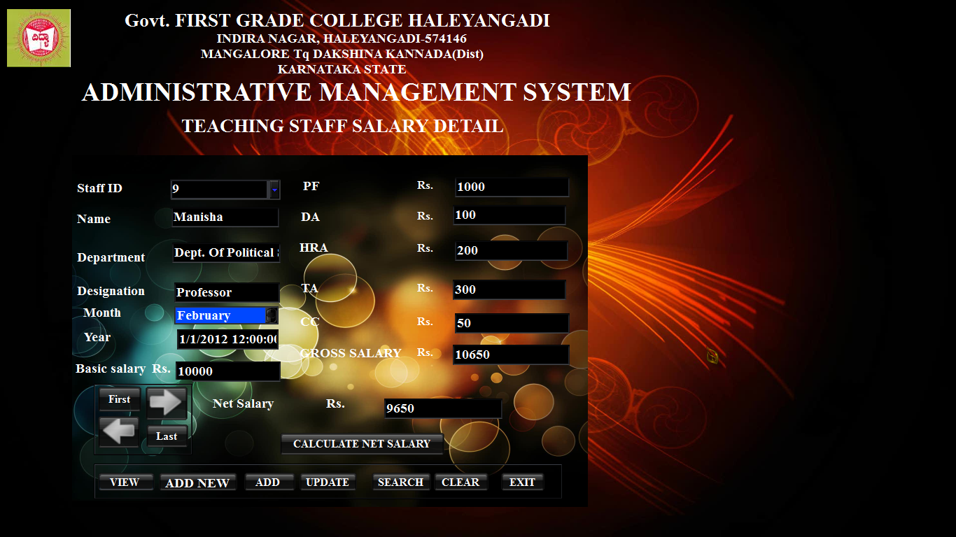 Screenshots of Administrative Management System