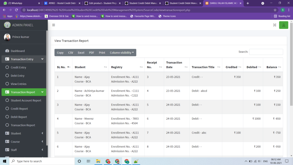 Student Credit Debit Management System - Student Projects Live