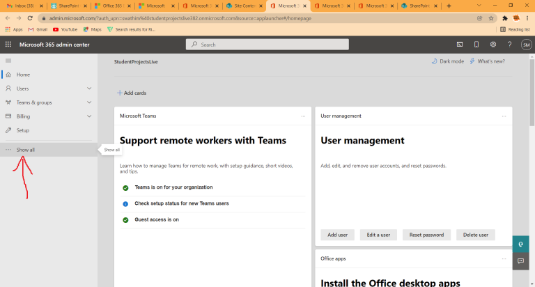 How to open SharePoint admin center - Student Projects Live